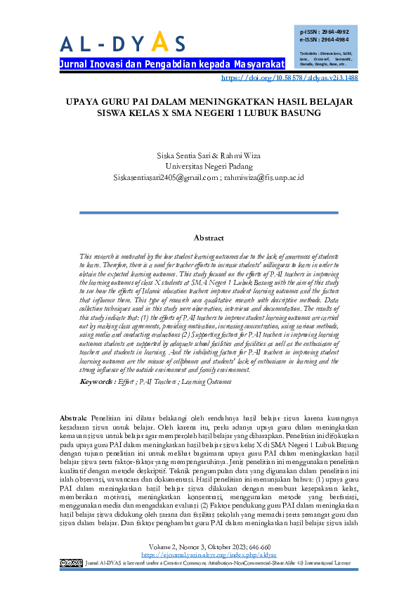(PDF) Upaya Guru PAI dalam Meningkatkan Hasil Belajar Siswa Kelas X SMA Negeri 1 Lubuk Basung ...
