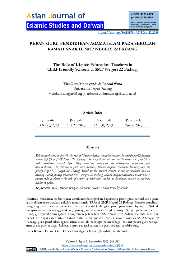 (PDF) Peran Guru Pendidikan Agama Islam pada Sekolah Ramah Anak di SMP Negeri 22 Padang | Rahmi ...