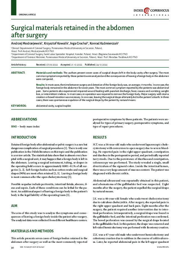 (PDF) Surgical materials retained in the abdomen after surgery