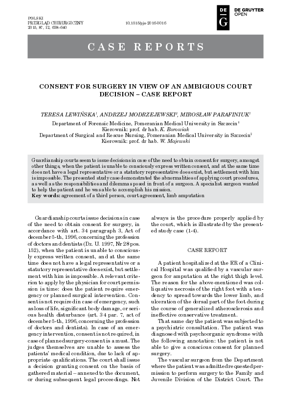 (PDF) Consent for Surgery in View of an Ambigious Court Decision – Case ...