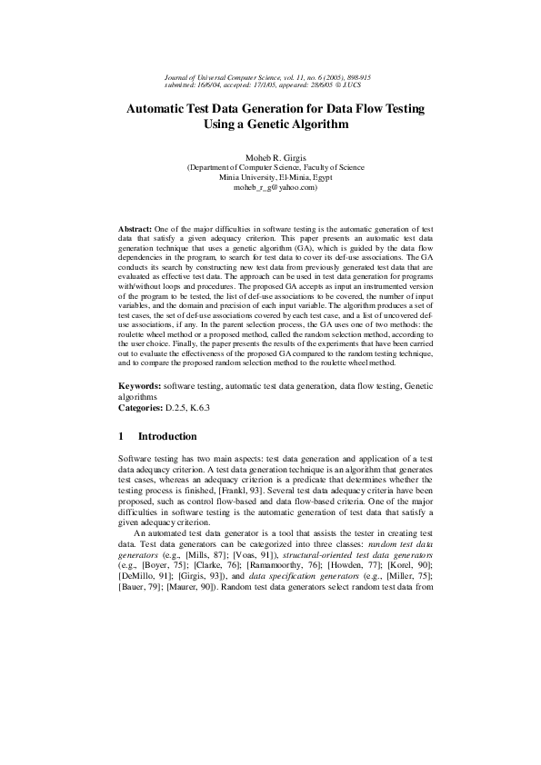 (PDF) Automatic Test Data Generation for Data Flow Testing Using a ...