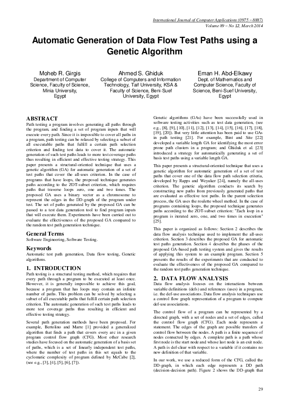 Pdf Automatic Generation Of Data Flow Test Paths Using A Genetic Algorithm Moheb Girgis