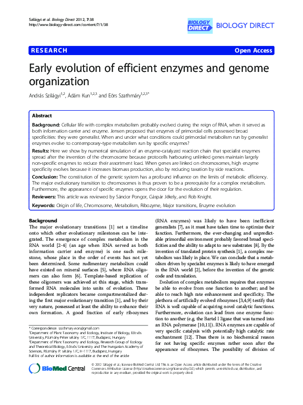 (PDF) Early evolution of efficient enzymes and genome organization | Eors Szathmary - Academia.edu