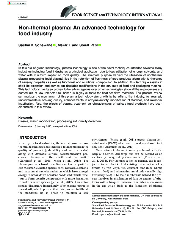 (PDF) Non-thermal plasma: An advanced technology for food industry