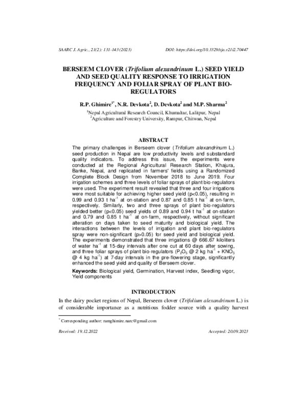 (PDF) Berseem Clover (Trifolium Alexandrinum L.) Seed Yield and Seed ...