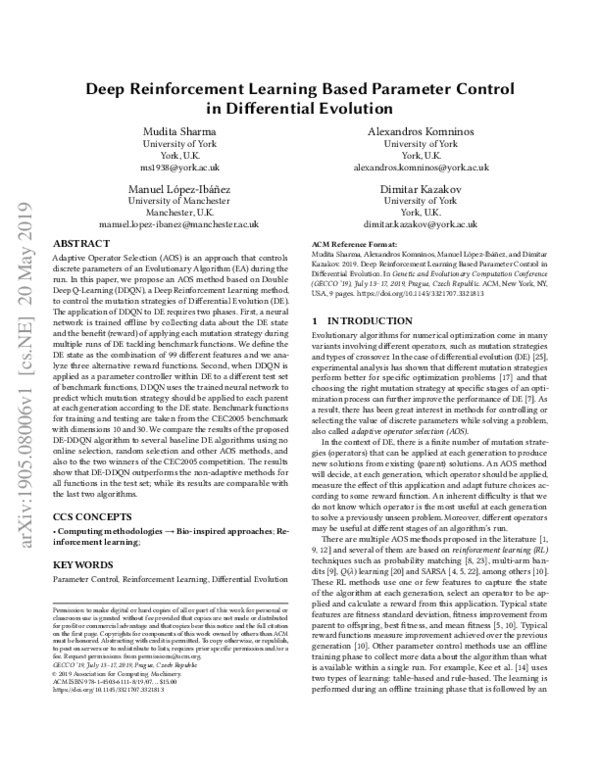 (PDF) Deep Reinforcement Learning Based Parameter Control in Differential Evolution