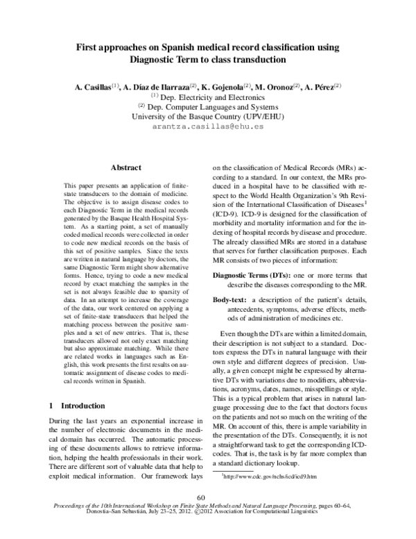 (PDF) First Approaches on Spanish Medical Record Classification Using ...