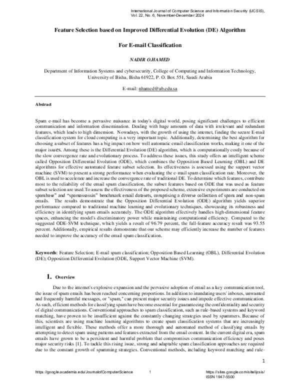 (PDF) Feature Selection based on Improved Differential Evolution (DE) Algorithm For E-mail ...