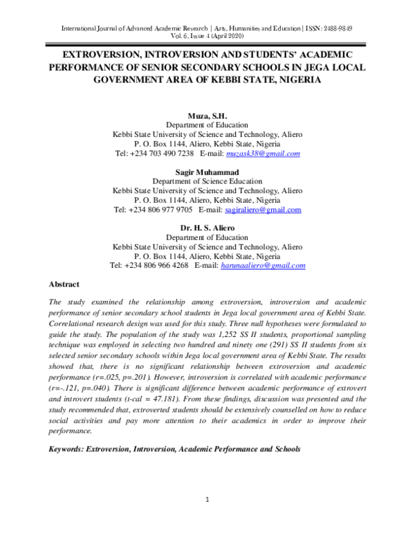(PDF) Extroversion, Introversion and Students’ Academic Performance of Senior Secondary Schools ...