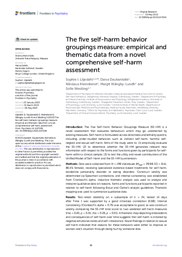 (PDF) The five self-harm behavior groupings measure: empirical and ...