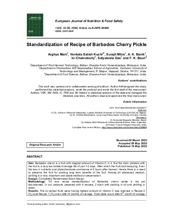 (PDF) Standardization of Recipe of Barbados Cherry Pickle
