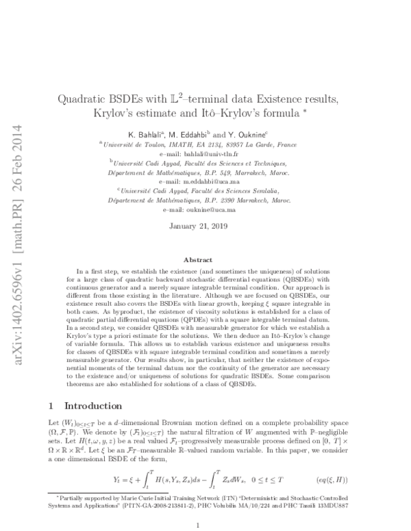 (PDF) Quadratic BSDEs with L 2 -terminal data Existence results, Krylov's estimate and Itô ...