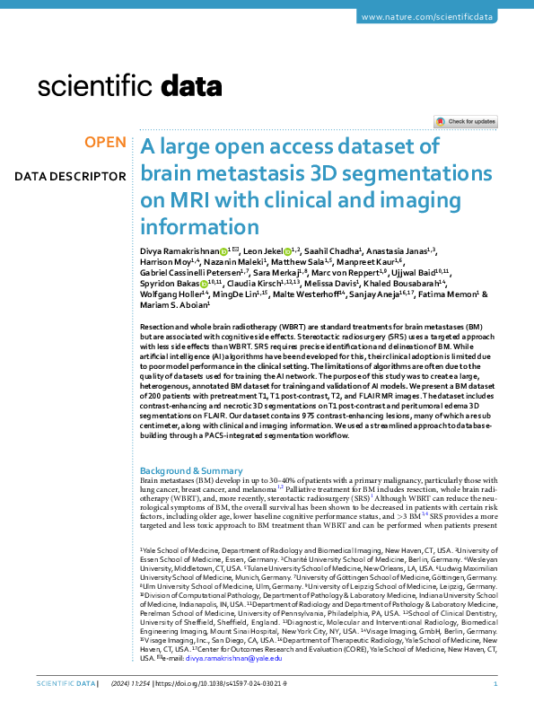 (PDF) A large open access dataset of brain metastasis 3D segmentations ...