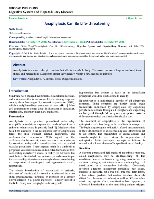 (PDF) Anaphylaxis Can Be Life-threatening