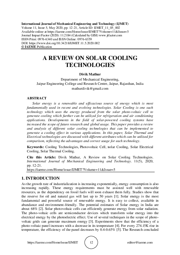 (PDF) A Review on Solar Cooling Technologies