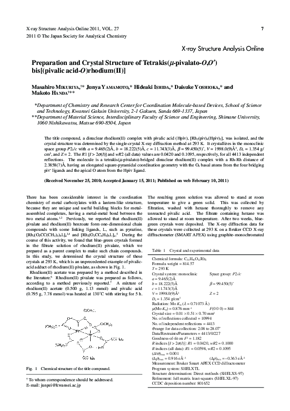 (PDF) Preparation and Crystal Structure of Tetrakis(.MU.-pivalato-O,O ...