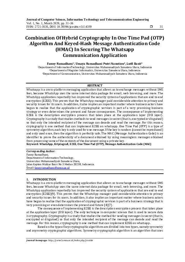 Pdf Combination Of Hybrid Cryptography In One Time Pad Otp Algorithm And Keyed Hash Message