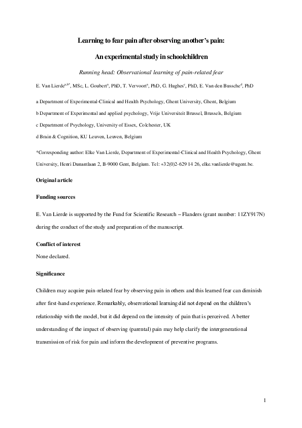 (PDF) Learning to fear pain after observing another's pain: An ...