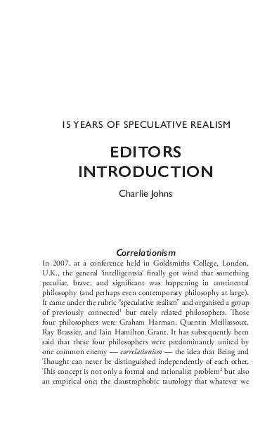 (PDF) 15 Years of Speculative Realism : 2007 - 2022 (Editors Introduction)