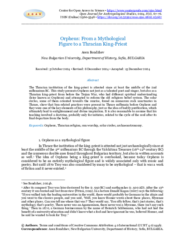 (PDF) Orpheus: From a Mythological Figure to a Thracian King Priest