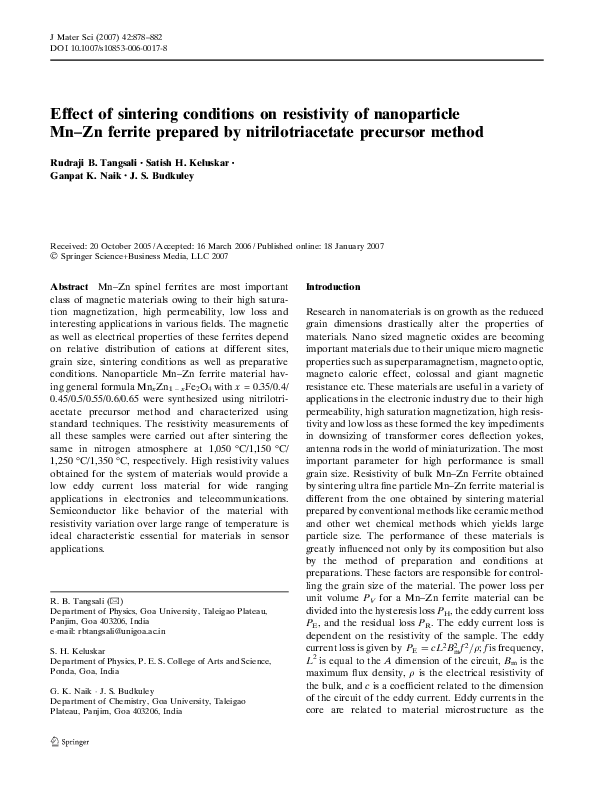 (PDF) Effect of sintering conditions on resistivity of nanoparticle Mn–Zn ferrite prepared by ...