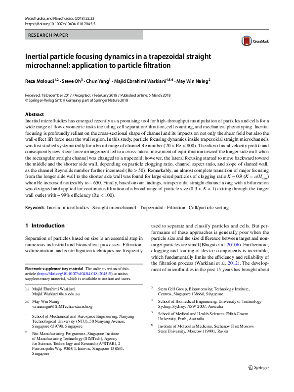 (PDF) Inertial particle focusing dynamics in a trapezoidal straight microchannel: application to ...
