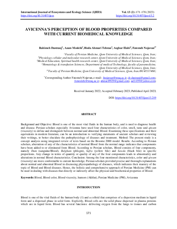 (PDF) Avicennas Perception of Blood Properties Compared with Current Biomedical Knowledge
