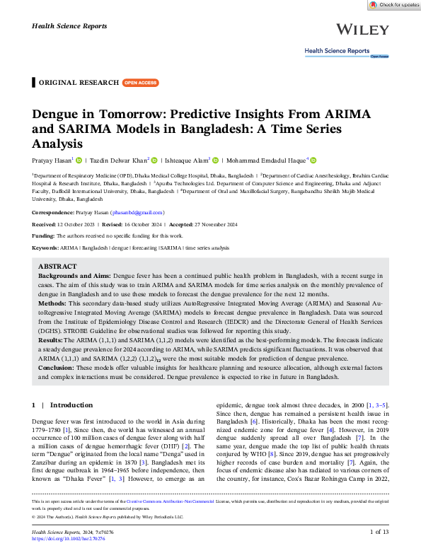 (PDF) Dengue in Tomorrow: Predictive Insights From ARIMA and SARIMA ...