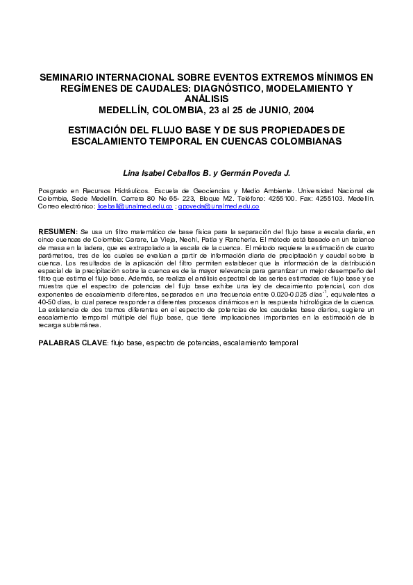 (PDF) Estimación del flujo base y de sus propiedades de escalamiento temporal en cuencas colombianas