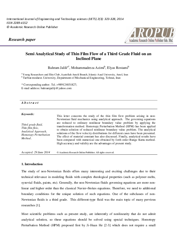 (PDF) Semi Analytical Study of Thin Film Flow of a Third Grade Fluid on an Inclined Plane