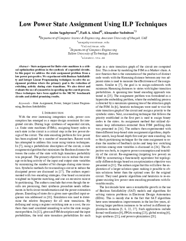 (PDF) Low power state assignment using ILP techniques