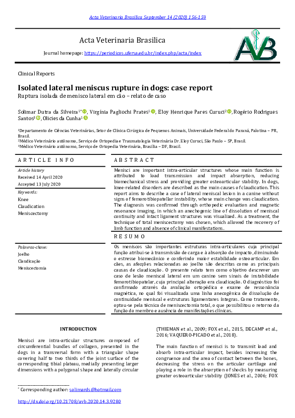 (PDF) Isolated lateral meniscus rupture in dogs: case report