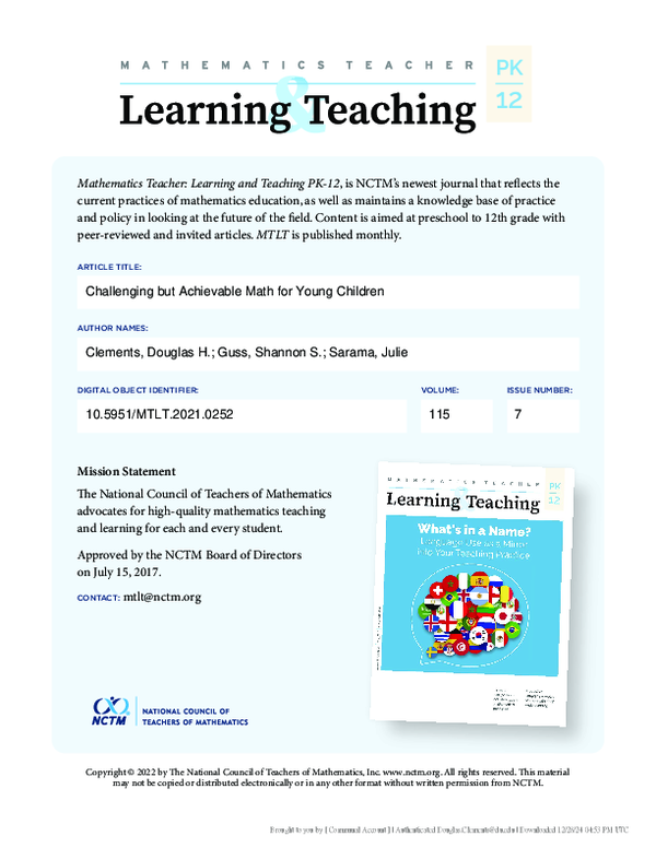(PDF) Challenging but achievable math for young children: Learning and ...