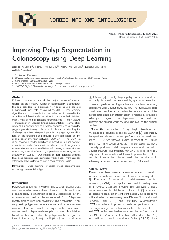 (PDF) Improving Polyp Segmentation in Colonoscopy using Deep Learning