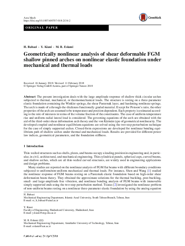 (PDF) Geometrically nonlinear analysis of shear deformable FGM shallow pinned arches on ...