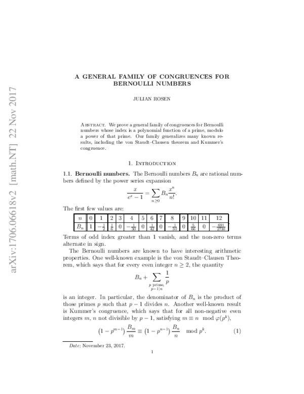 (PDF) A general family of congruences for Bernoulli numbers