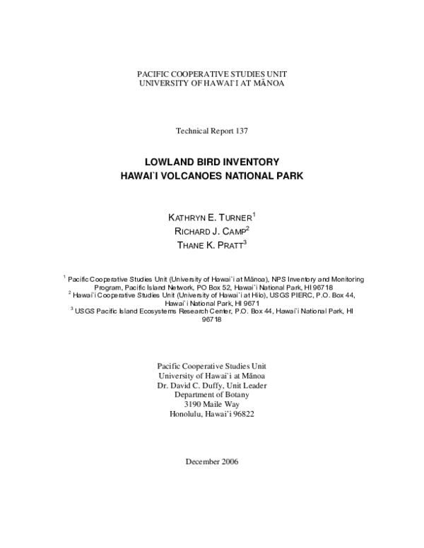 (PDF) Lowland bird inventory, Hawai`i Volcanoes National Park | Richard ...