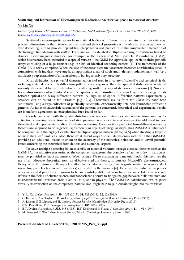 (PDF) Scattering and Diffraction of Electromagnetic Radiation: An Effective Probe to Material ...