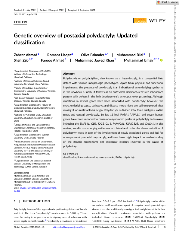 (PDF) Clinical Genetics 2022 Ahmad Genetic overview of postaxial ...