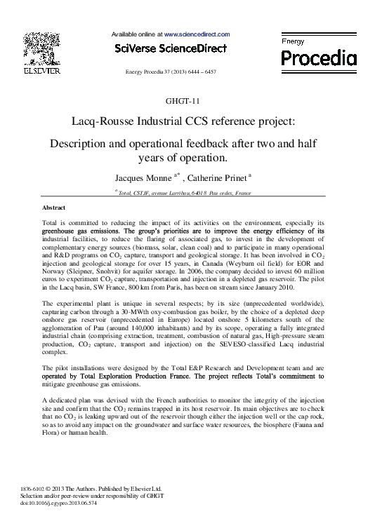 (PDF) Lacq-Rousse Industrial CCS Reference Project: Description and ...