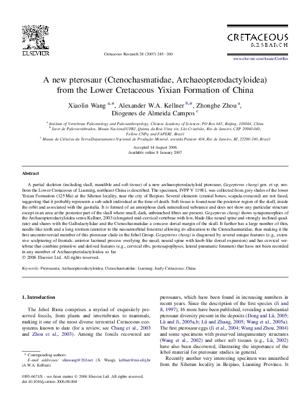 (PDF) A new pterosaur (Ctenochasmatidae, Archaeopterodactyloidea) from ...