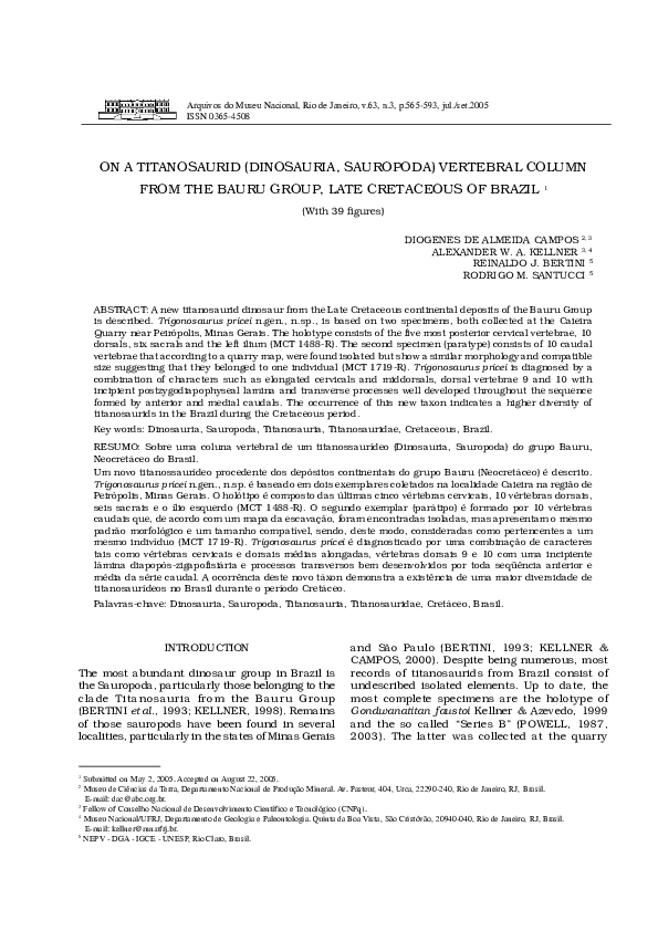 (PDF) On a titanosaurid (Dinosauria, Sauropoda) vertebral column from ...