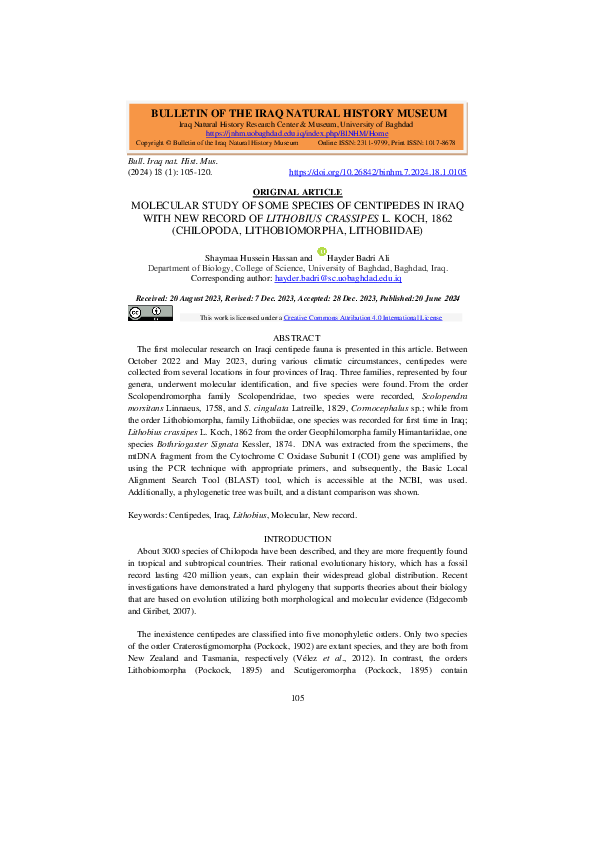 (PDF) Molecular Study of Some Species of Centipedes in Iraq with New ...