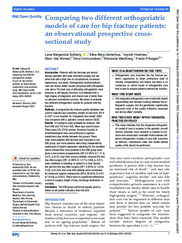 (PDF) Comparing two different orthogeriatric models of care for hip fracture patients: an ...
