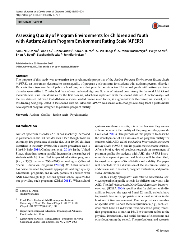 (PDF) Assessing Quality of Program Environments for Children and Youth with Autism: Autism ...