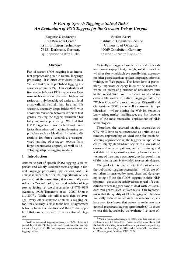 Pdf Is Part Of Speech Tagging A Solved Task An Evaluation Of Pos Taggers For The German Web