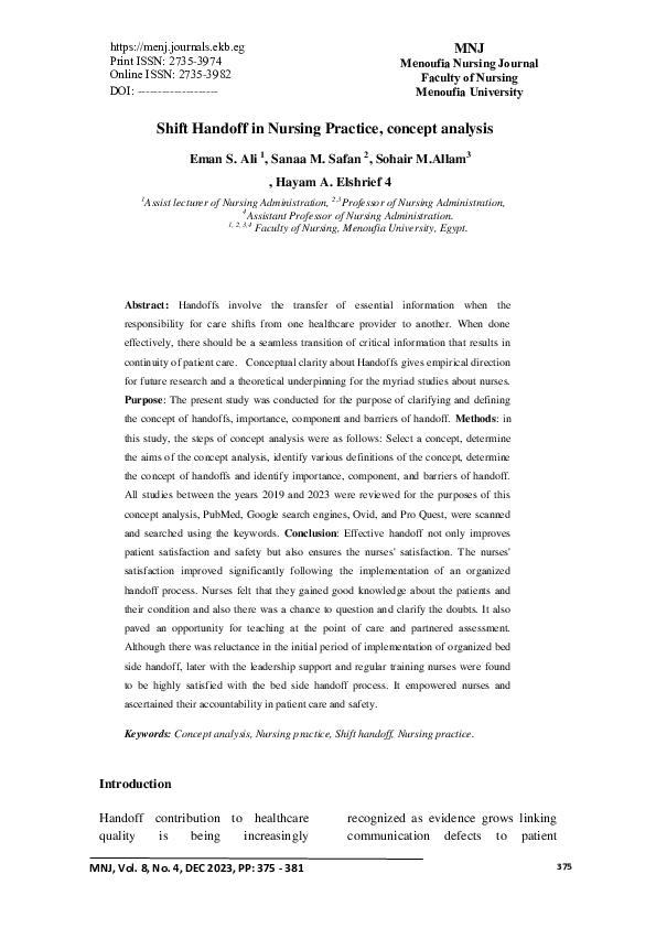 (PDF) Shift Handoff in Nursing Practice, concept analysis