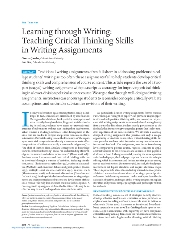(PDF) Learning through Writing: Teaching Critical Thinking Skills in Writing Assignments
