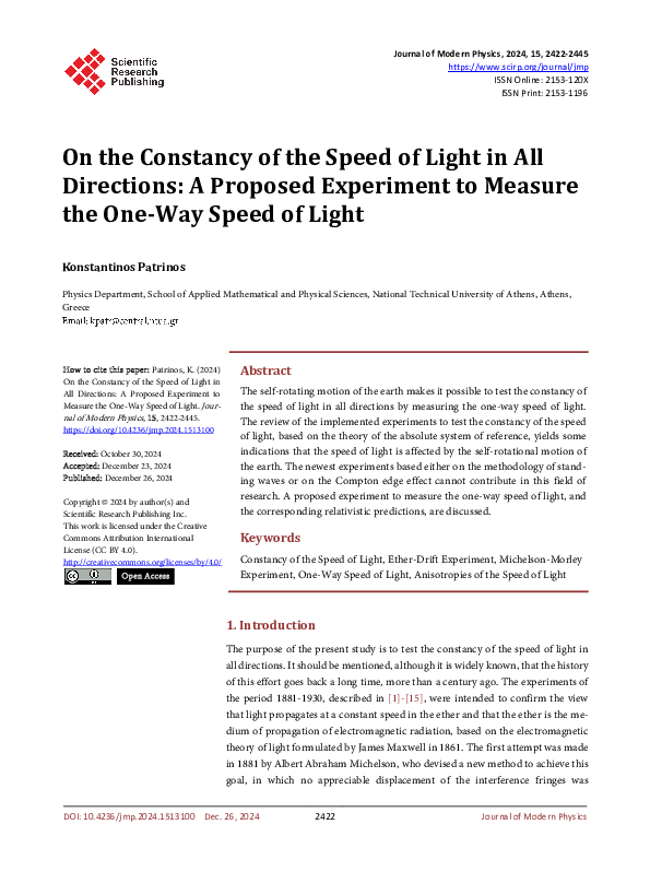 (PDF) On the Constancy of the Speed of Light in All Directions: A Proposed Experiment to Measure ...