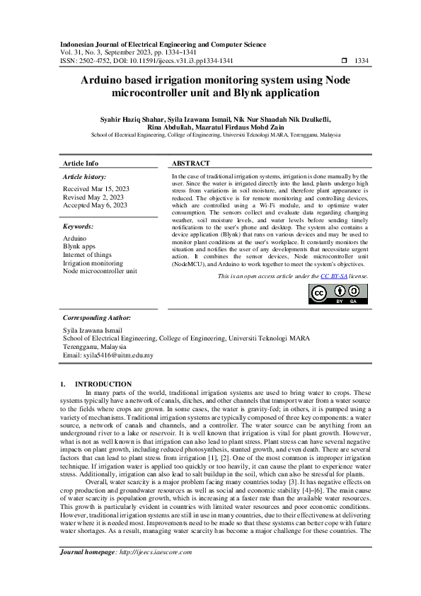 Pdf Arduino Based Irrigation Monitoring System Using Node Microcontroller Unit And Blynk